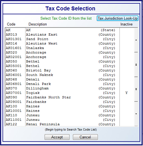 Sales Tax Code Maintenance