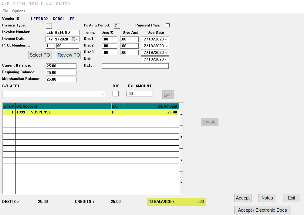 Moving a Refund in the Customer Payment Register to an Invoice in A/P ...