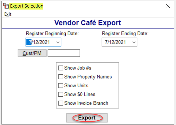 Vendor Cafe Export
